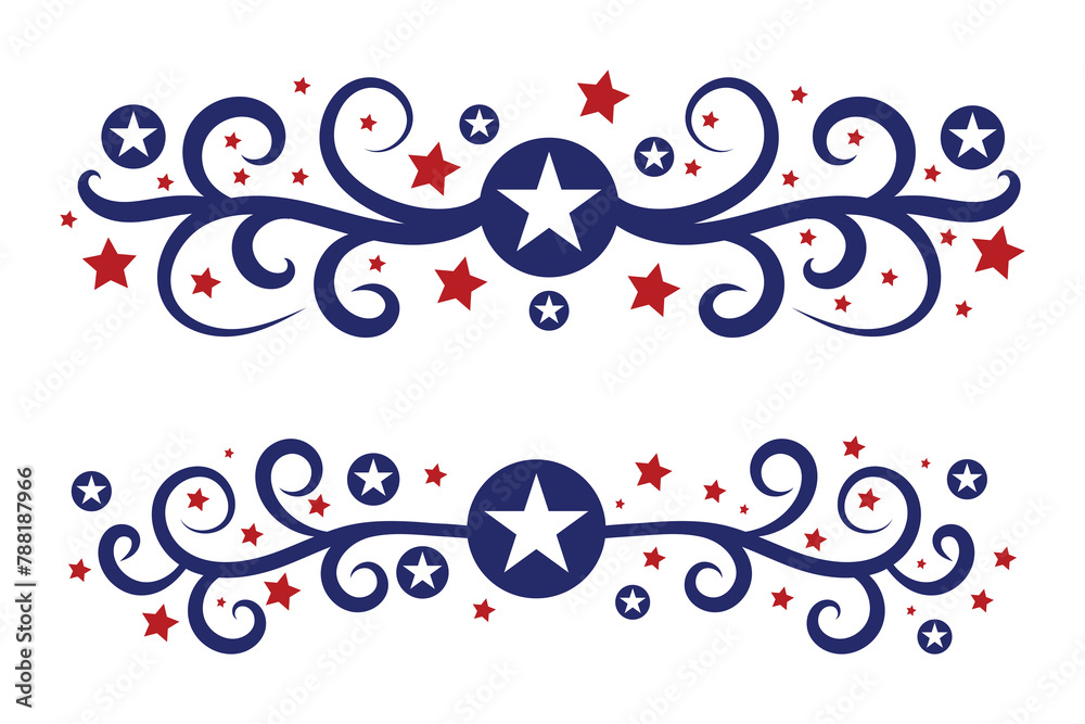 4th of July lettering header Ornate swirls, patriotic red stars, and ...