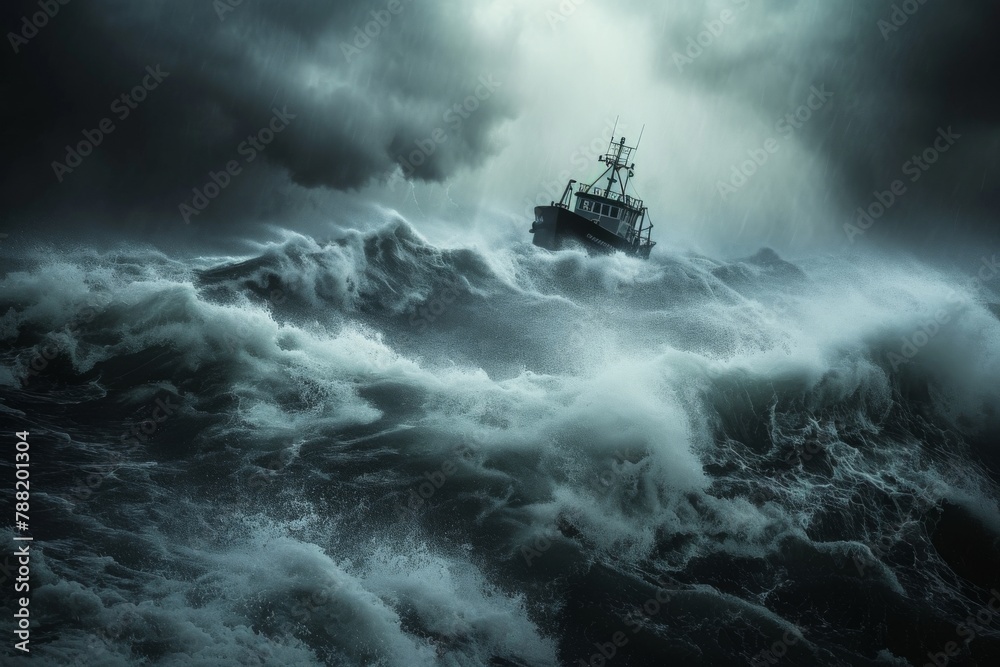 A sturdy boat braving the stormy waves and choppy waters of an ocean ...