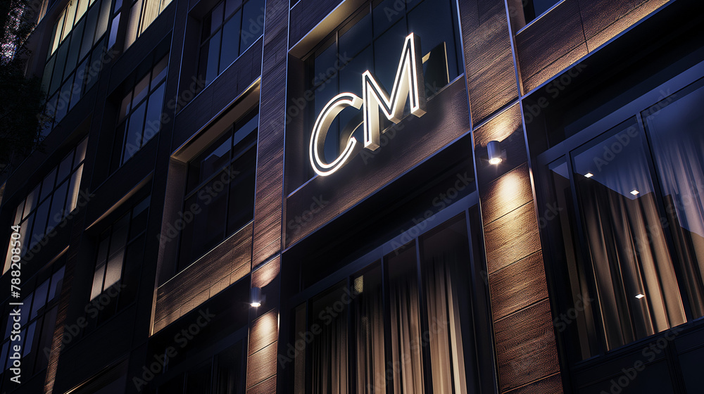 Digital screen displaying an animated "CM" logo, Modern and tech ...