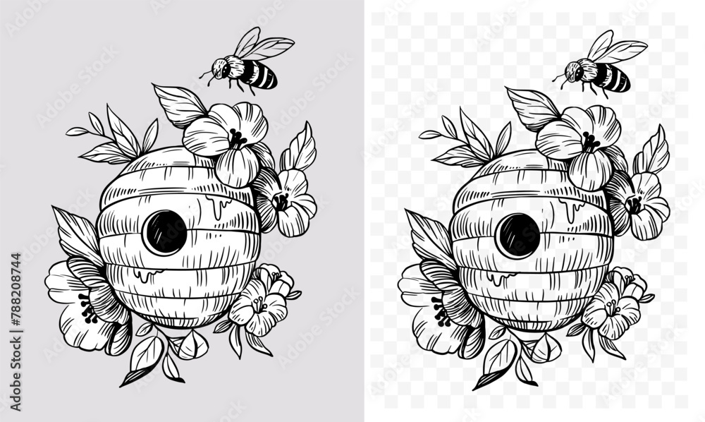 Bee hive, vector sketch illustration, hand drawn, black outline, tattoo ...