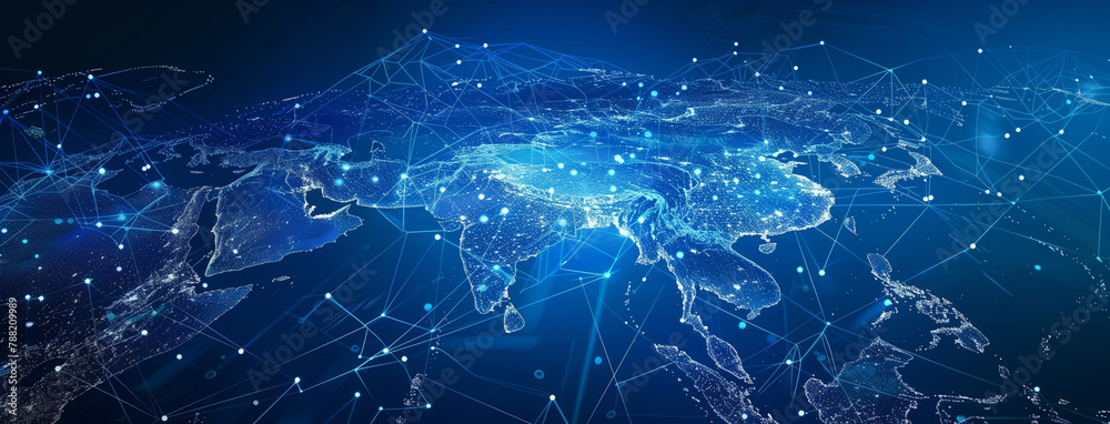Global network, Digital map of Asia, world map overlays a dark ...