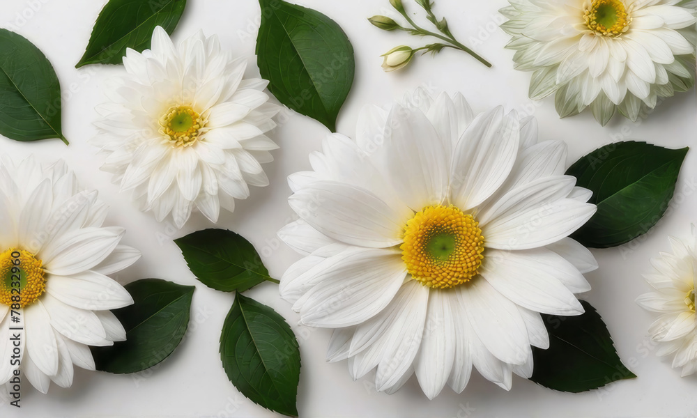 White flower bouquet border. Flat lay, top view. Floral frame template ...
