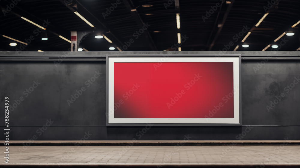 Red advertisement display on subway platform wall mockup photography ...