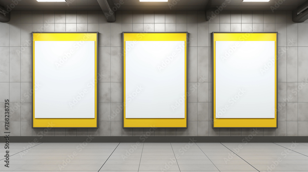 3 advertisement displays with yellow borders mockup photography ...