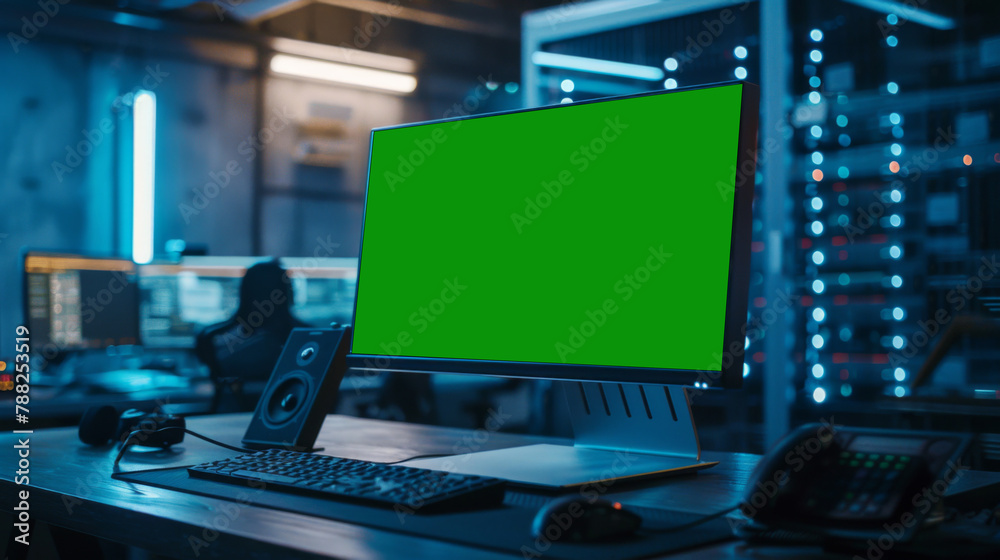 Green screen in an AI analysis room on computer screens in a large high ...