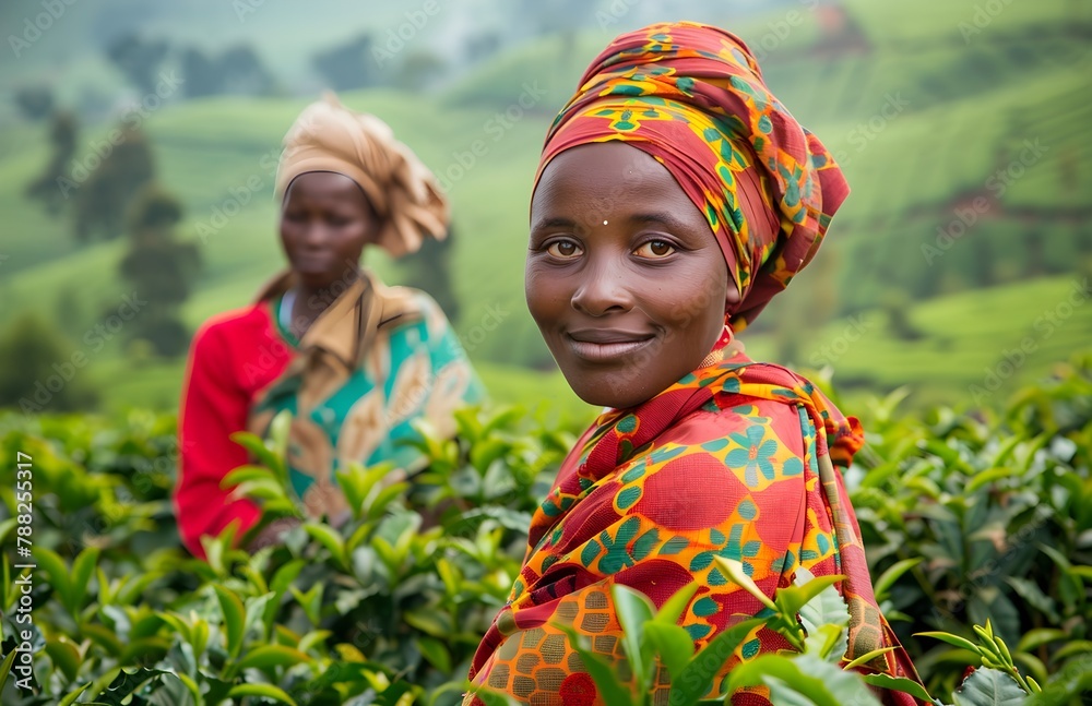 black woman smiling, collecting tea on a tea plantation, national ...