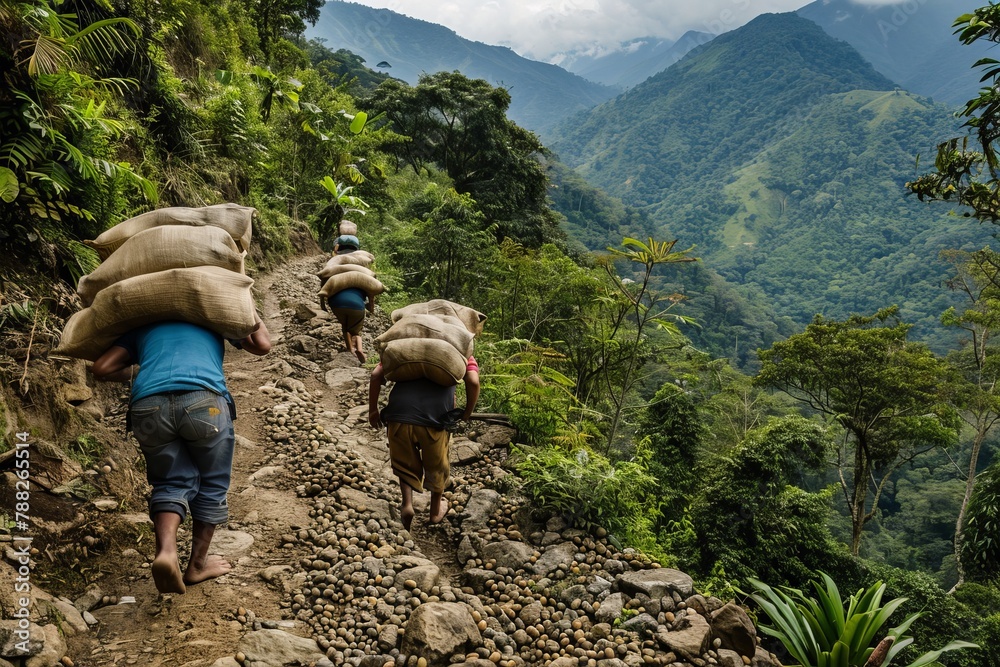 Coffee Farmers Carrying Heavy Sacks of Freshly Harvested Coffee Beans ...