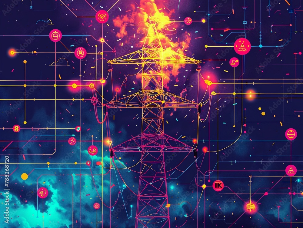 Design a technicolor poster featuring a high voltage pole surrounded by ...