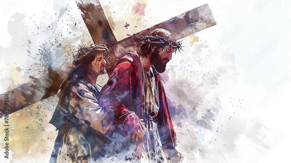 Jesus, with the help of Simon of Cyrene, carries the cross in a digital ...