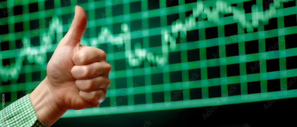 Positive feedback concept, thumb up with a bull stock market green ...