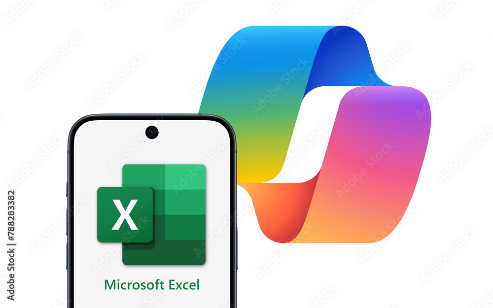 Microsoft Excel logo is displayed on a smartphone, Copilot logo behind ...
