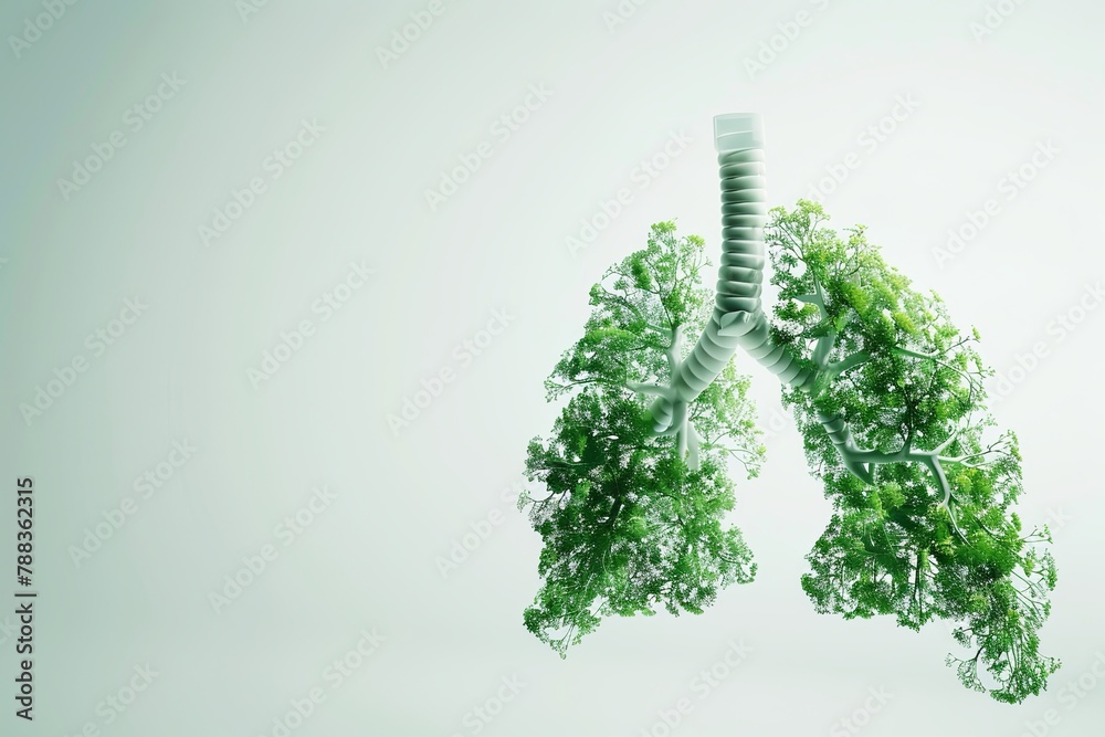 3D render of lung respiration on white backdrop with green life medical ...