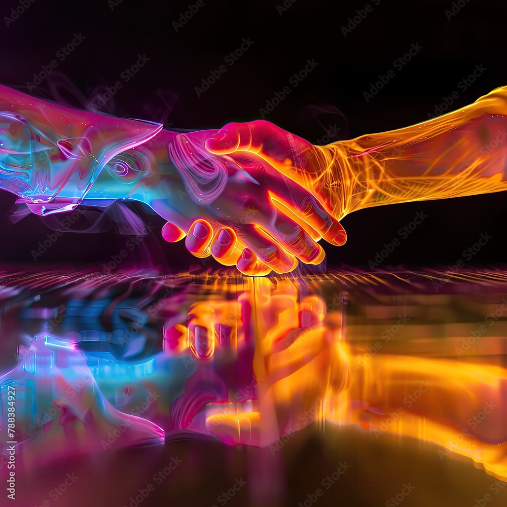 Enlightening partnership meeting, glowing neon table, abstract ...