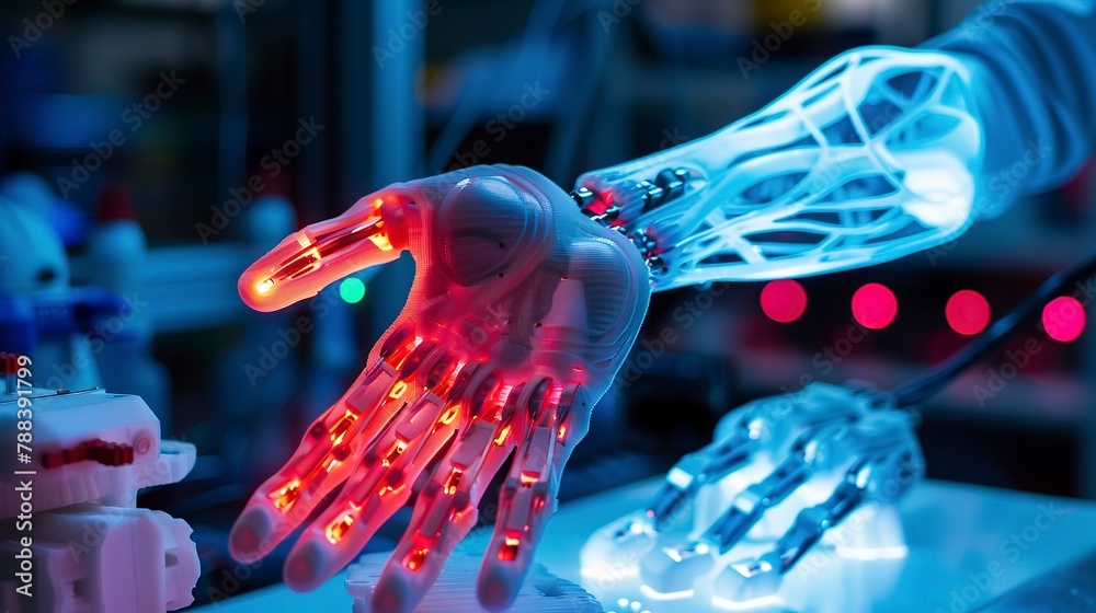 3D printed prosthetic hand being assembled, bright LED lighting, close ...