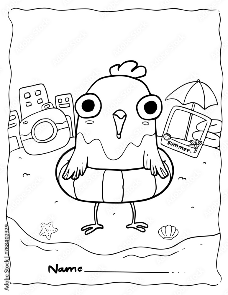 Summer, chicken on the beach, Coloring Pages For Kids, digital painting ...