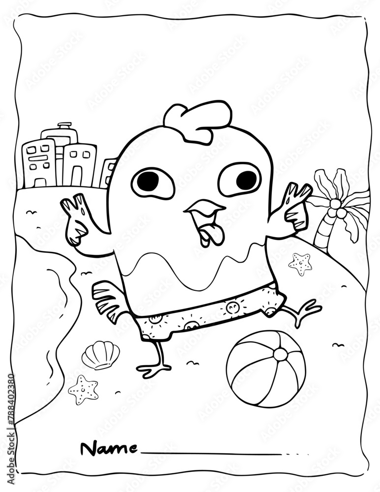 Summer, chicken on the beach, Coloring Pages For Kids, digital painting ...