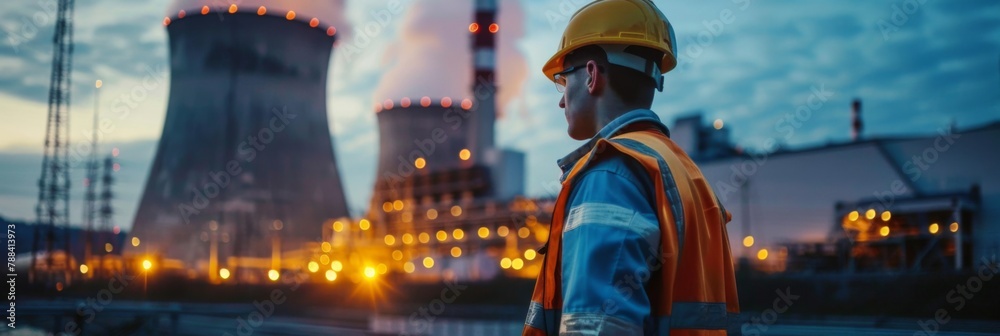 Engineer stands against the background of a nuclear power plant Stock ...
