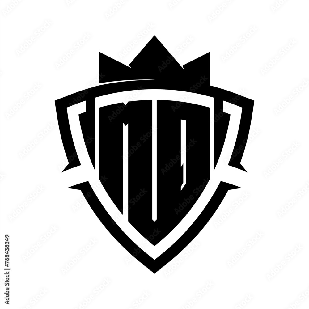 MQ Letter bold monogram triangle curve shield shape with crown black and white background color ...