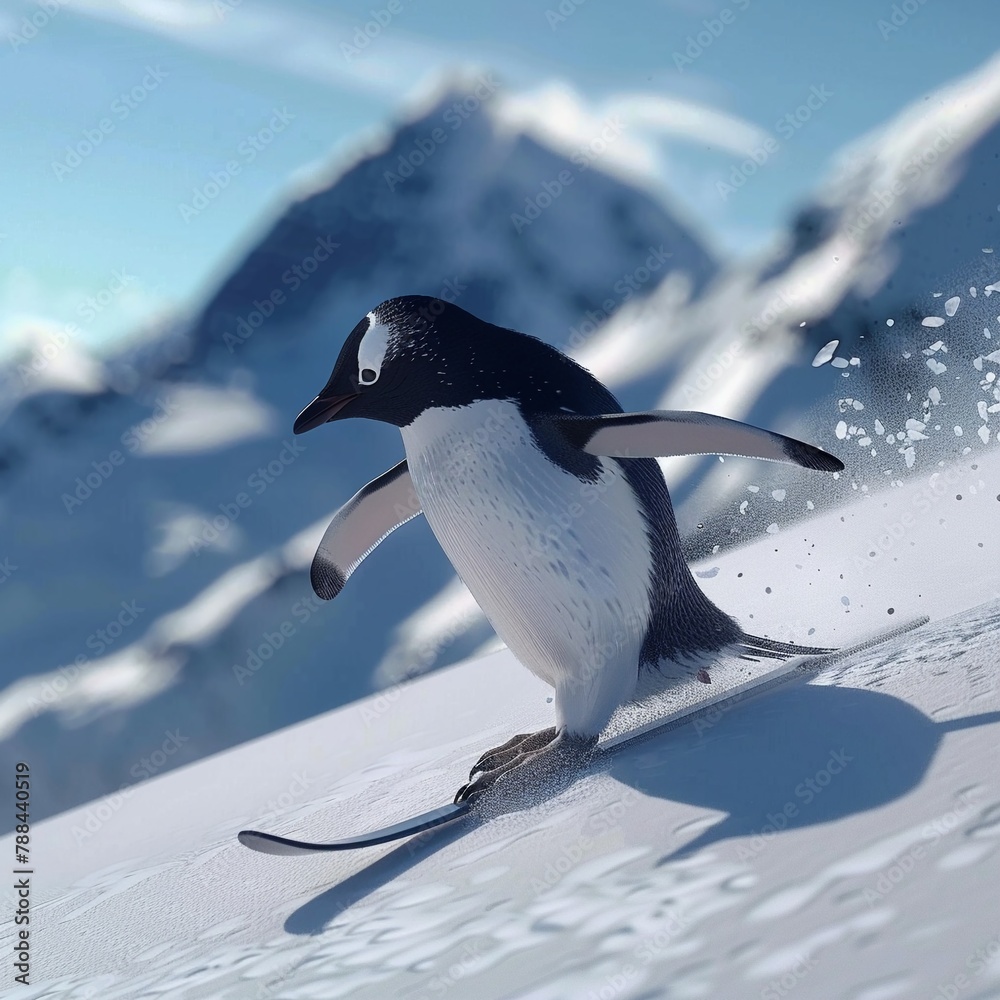 Penguin gracefully skiing down a snowy slope, crisp clear day, side ...