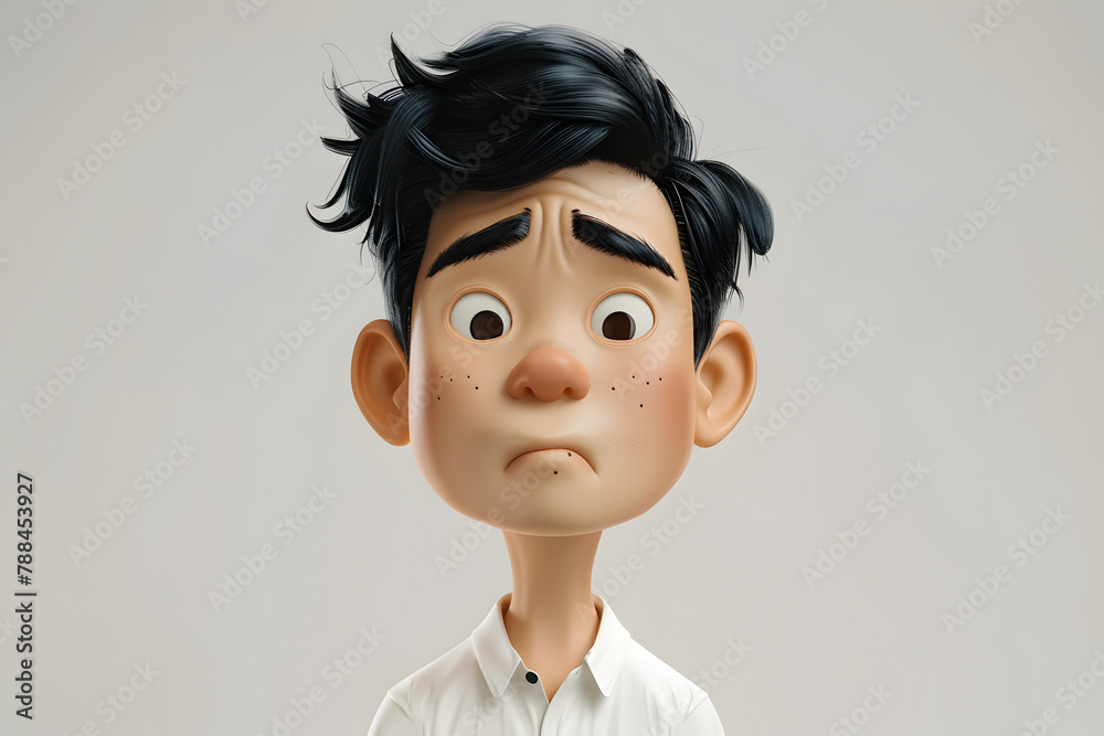 Sad unhappy upset Asian cartoon character young man male boy person ...