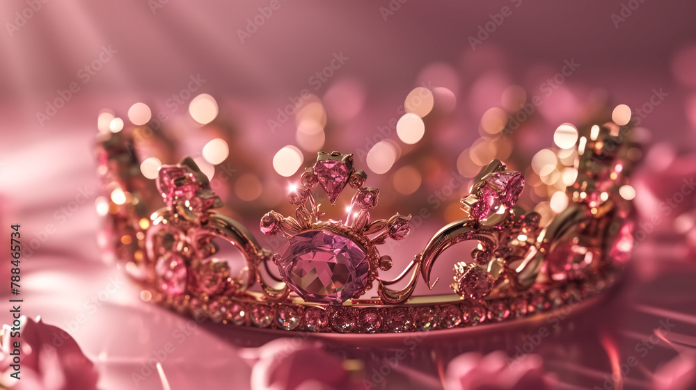 Elegant golden tiara with pink gemstones on a reflective surface ...