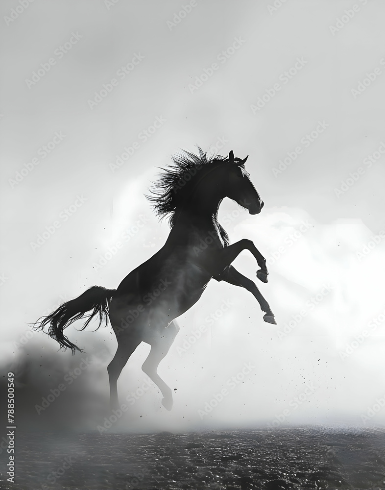 black and white photo of wild bronco horse running and rearing ...