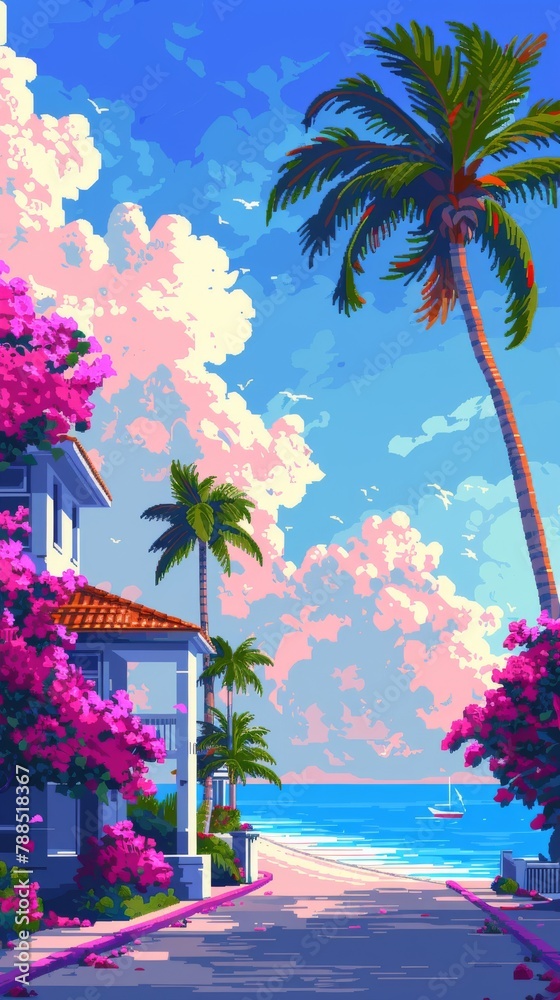 Transform Retro Summer Vibes into a pixel art masterpiece, depicting a ...