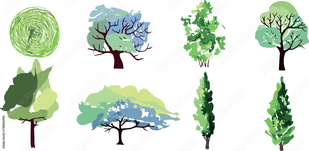 Vector tree top watercolor hand drawn view isolated on white background ...