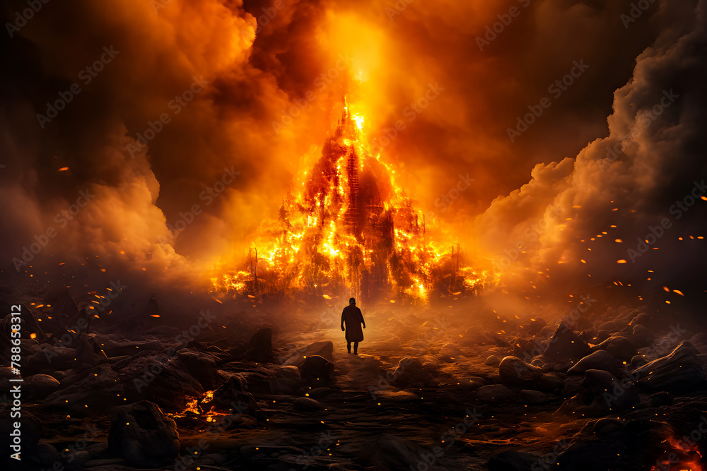 The background is of people walking amidst flames, a picture of the end ...