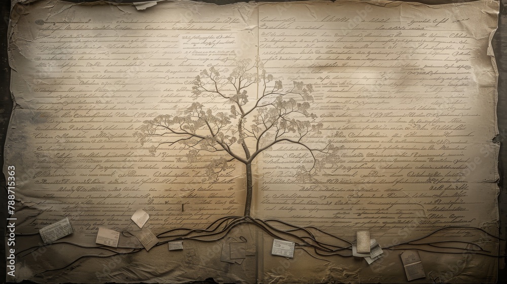 Family tree concept, dna, genes, ancestors. Old vintage background from ...