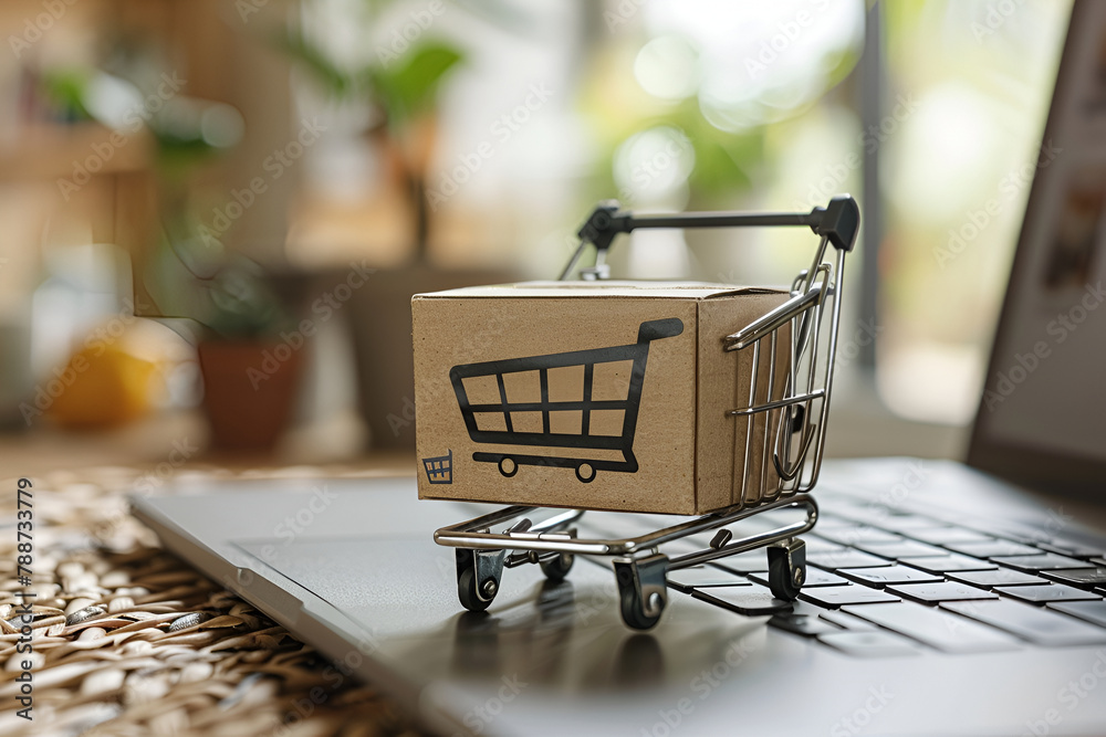 Shopping online. Cardboard box with a shopping cart logo in a trolley ...