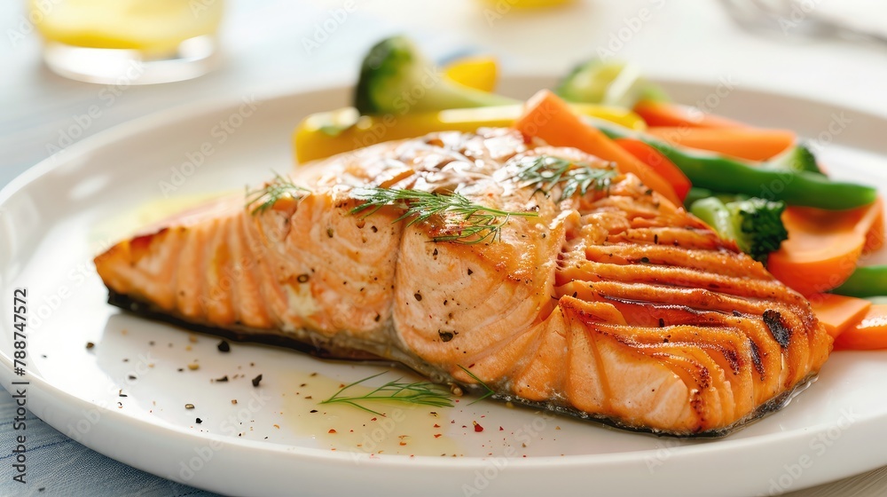 plate of grilled salmon with steamed vegetables, showcasing a balanced ...