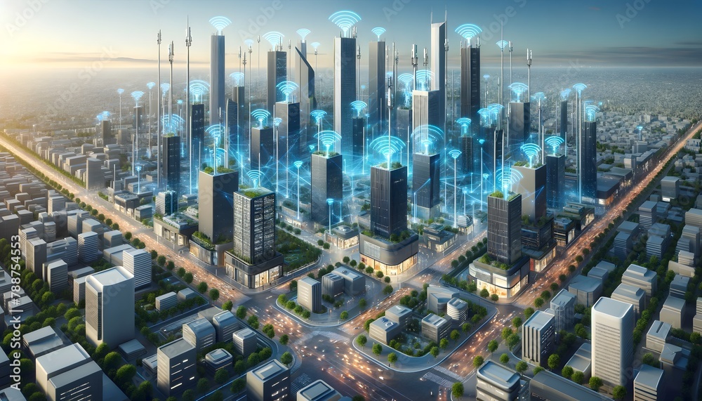 The image shows an aerial view of a modern smart city with 5G antenna ...
