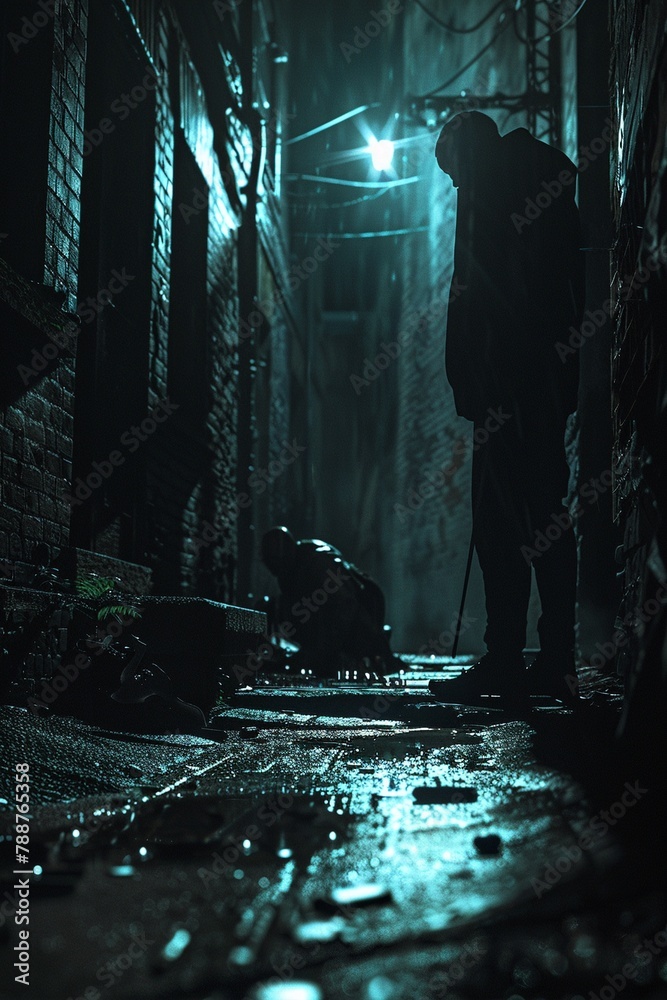 Street drugs being exchanged in a dark alley, causing bloating as a ...