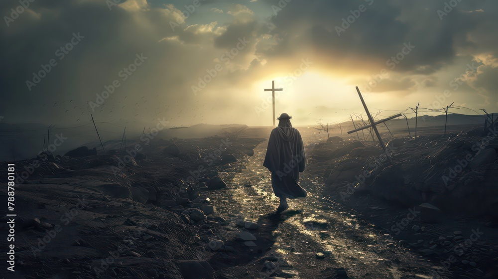 Symbolic representation of Jesus walking a path towards Golgotha, with ...