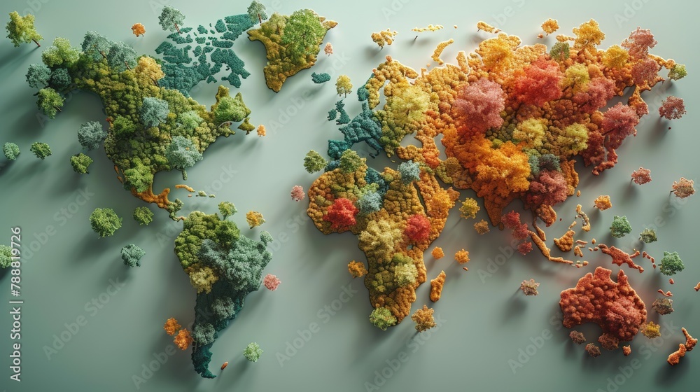 top view of the map of the world made of colorful trees, ecology ...