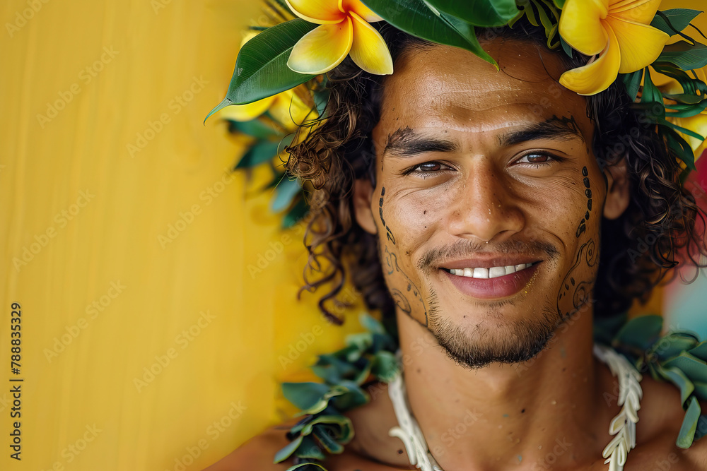 Tattued native hawaiian atlethic young man wearing a traditional haku ...