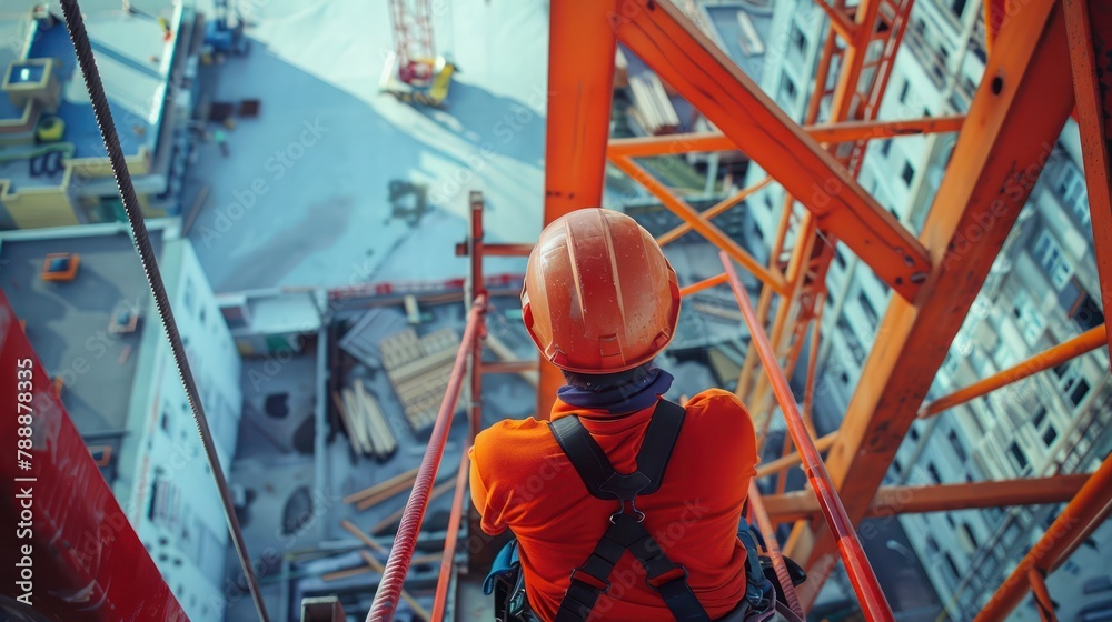 High above the ground, the engineer oversees the installation of crane ...