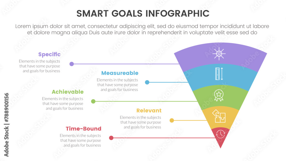 SMART goals setting framework infographic with funnel bending round v ...