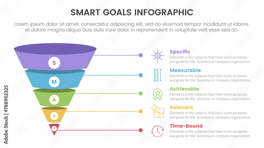 SMART goals setting framework infographic with funnel 3d shadow ...