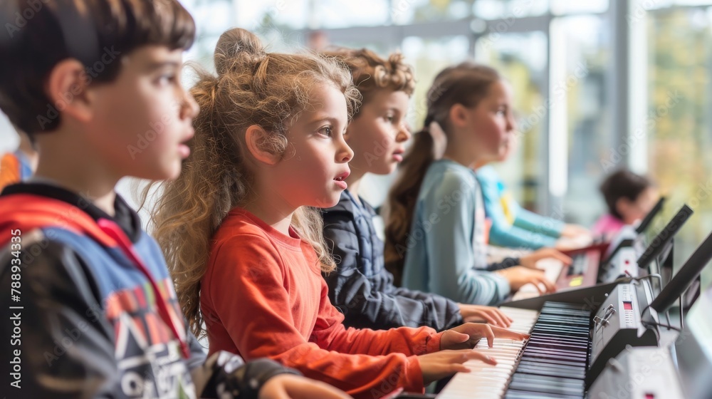 Group of focused children practicing piano in music class with ...