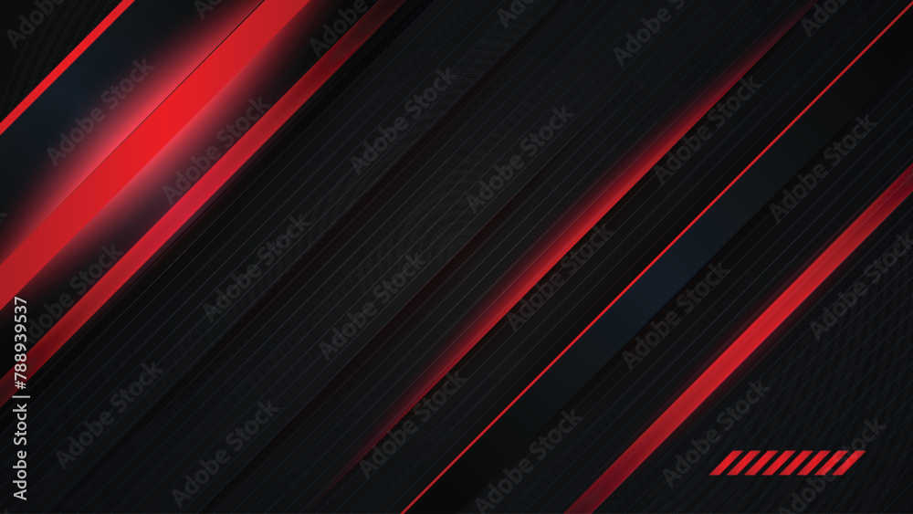 Black, grey red virtual abstract background overlap triangle layer with neon line lights ...