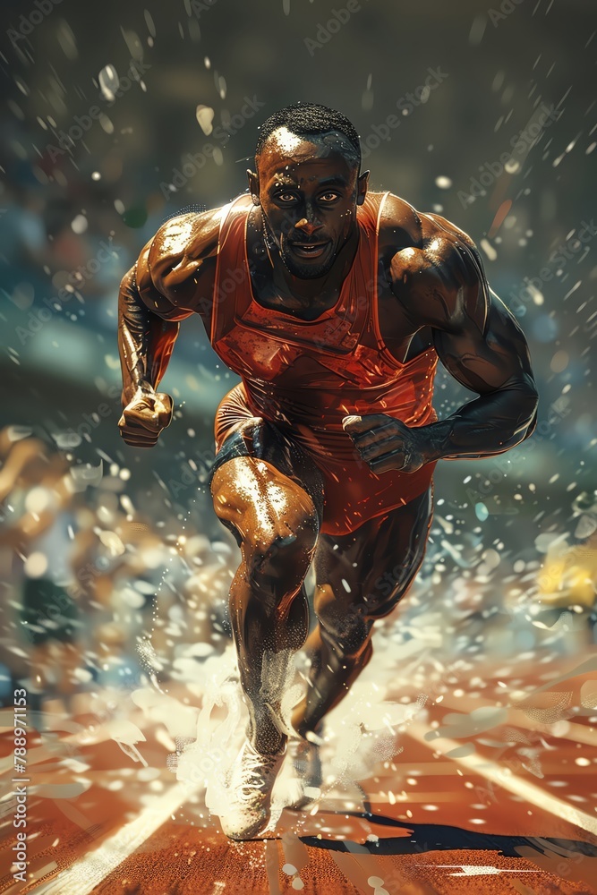 Produce a high-energy digital rendering of a sprinter crossing the ...