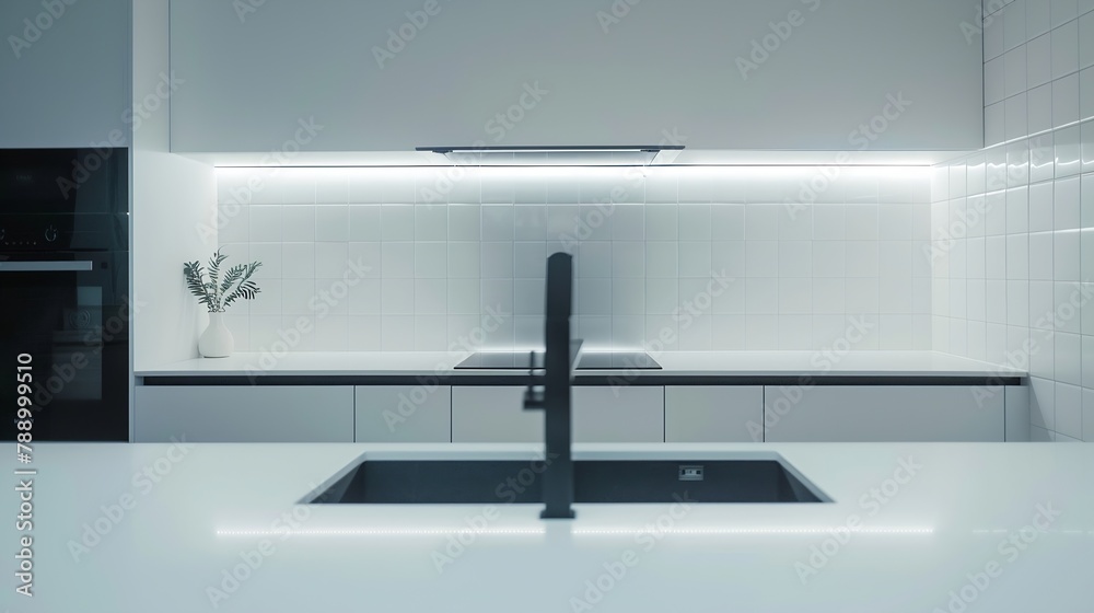 Minimalist kitchen with white countertop furniture and wall tiles and ...