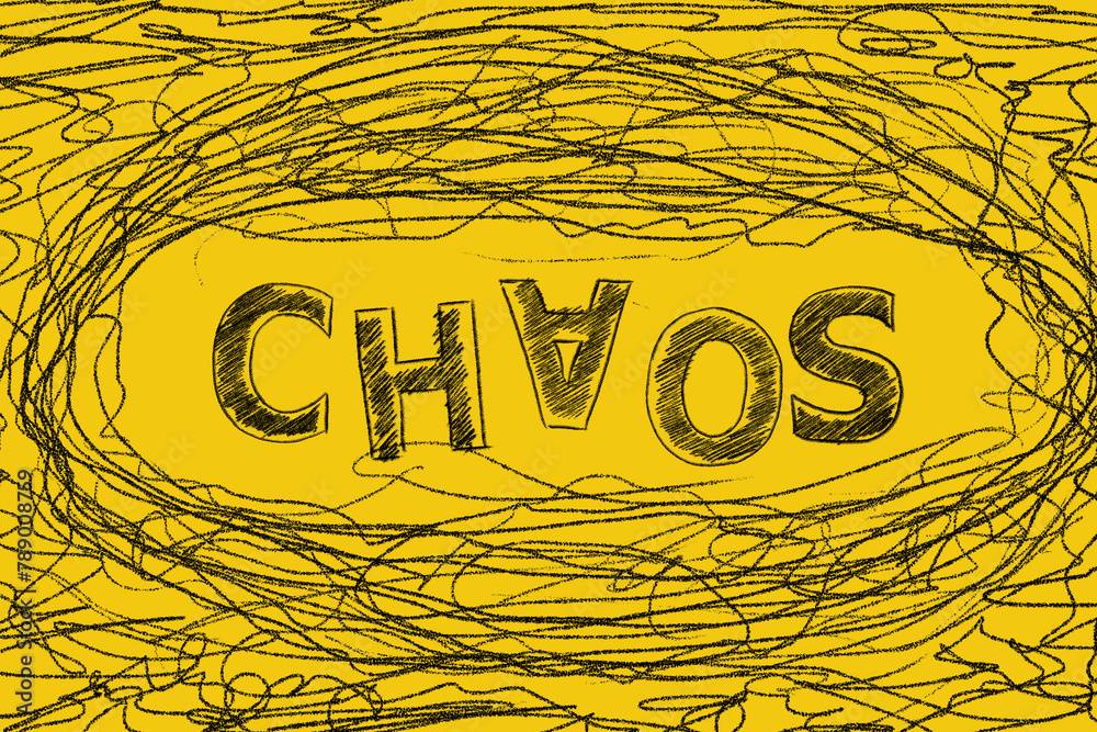 Lettering CHAOS inside of tangled handwritten mess scribble or doodle ...