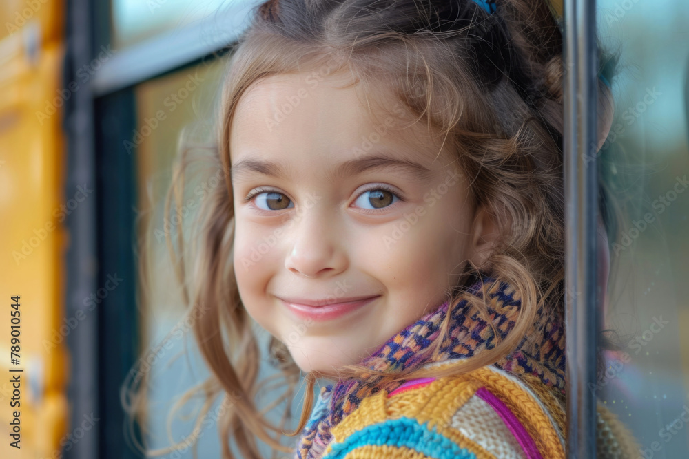 Little girl with a beaming smile boarding a school bus, symbolizing a ...