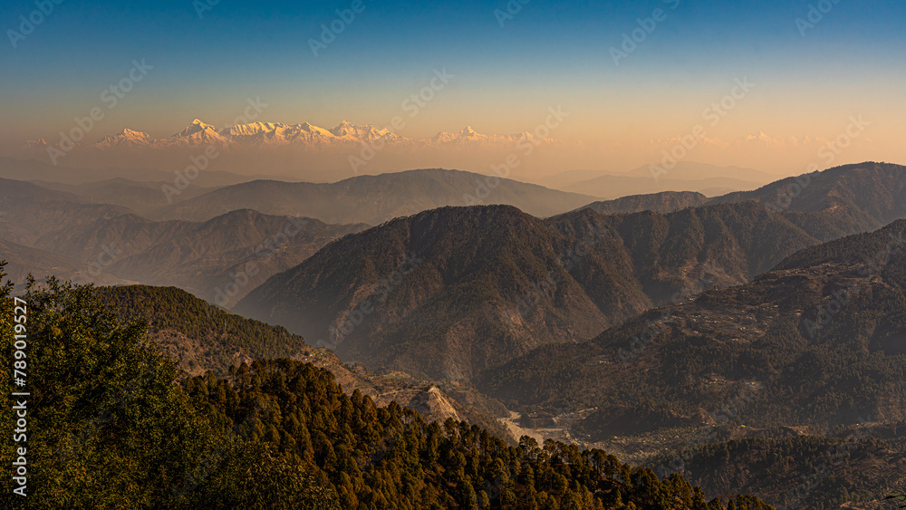 Mounts Chaukhamba and Bandarpunch, Himalaya, panoramic view of Indian Himalayas mountains, great ...