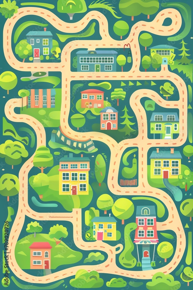 Cityscape maze, with roads and buildings, designed for kids to navigate ...