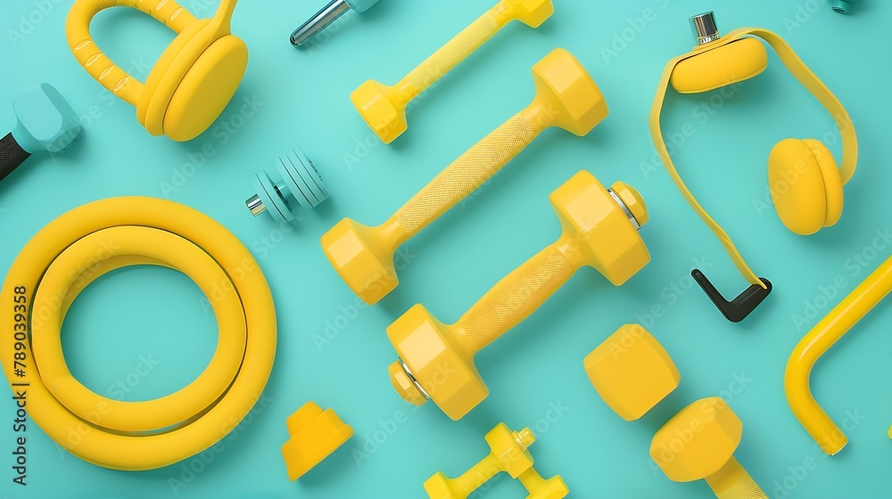 flat lay photo of fitness equipment over turquoise blue backgound top ...