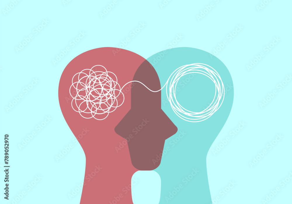 Head sign with tangle and untangle doodle symbol and connecting line ...